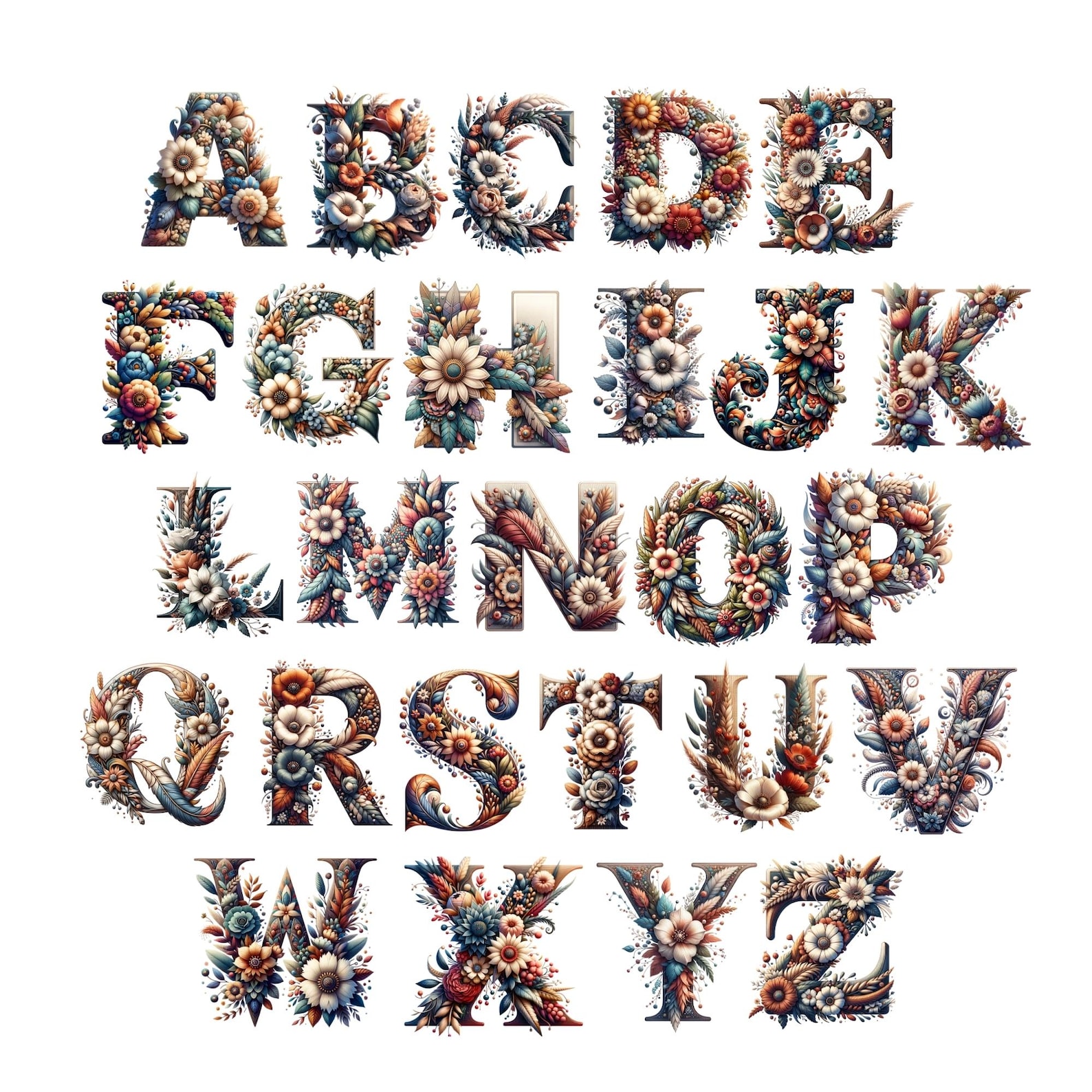 3D Floral Alpha Doodle Letters PNG, Floral Colorful Alpha Png, Alpha ...