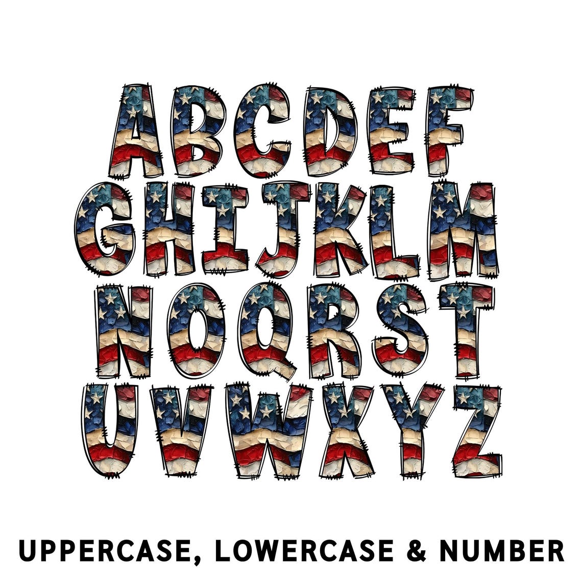 USA Flag Alphabet Doodle Letters American Flag Pack, Alphabet Digital ...