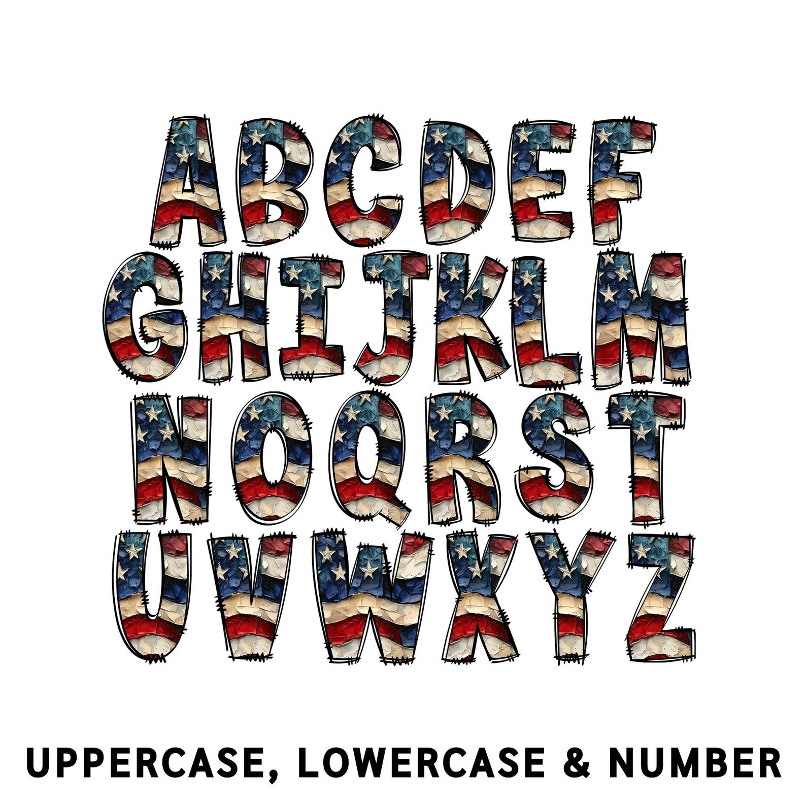 USA Flag Alphabet Doodle Letters American Flag Pack, Alphabet Digital ...