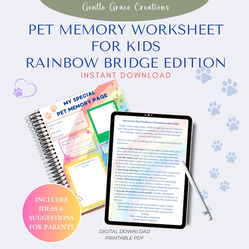 Rainbow Bridge Pet Memory Worksheet Kids Printable Digital Download Dog ...
