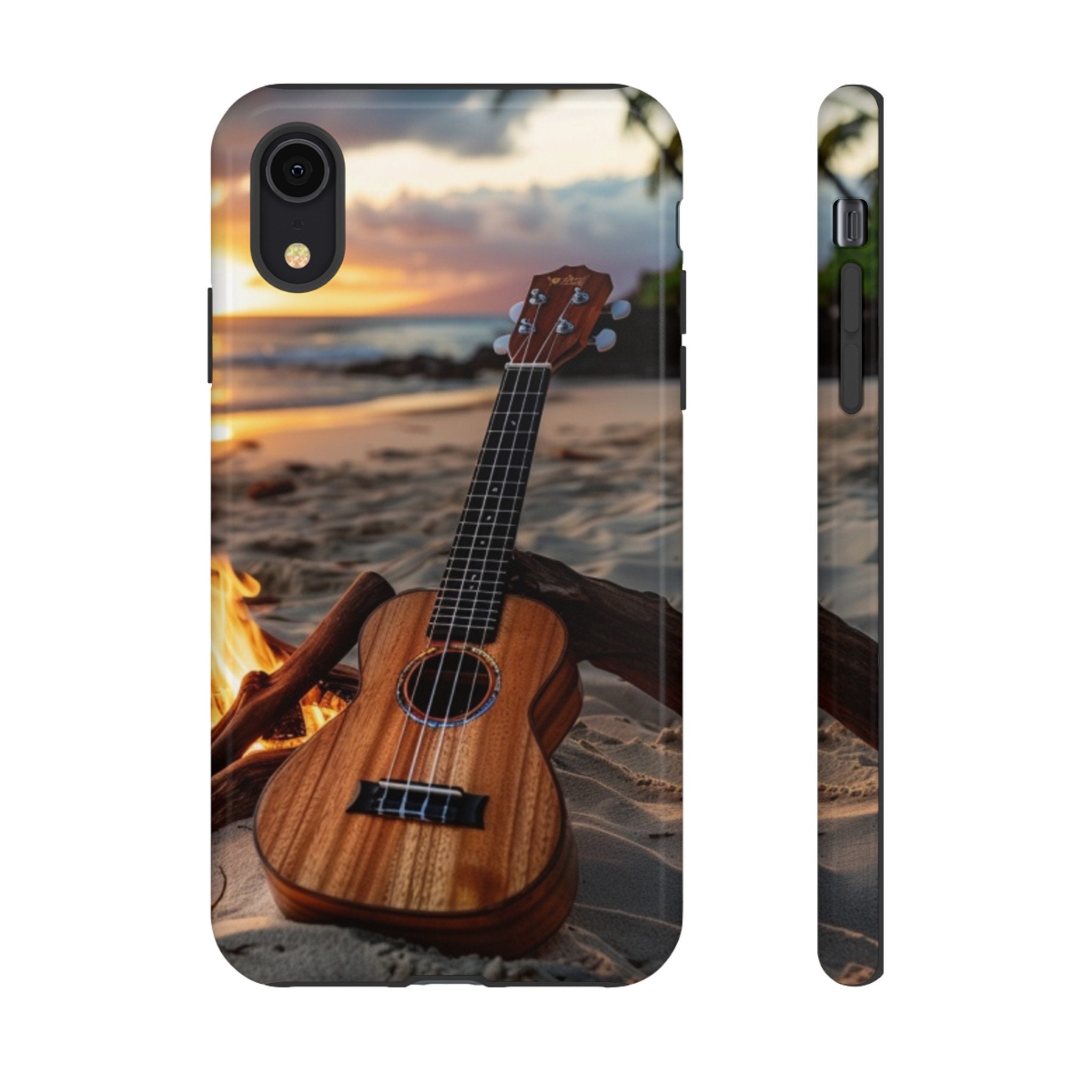 Sunset Serenade: Shiny Koa Wood Ukulele by the Beachside Fire. the ...