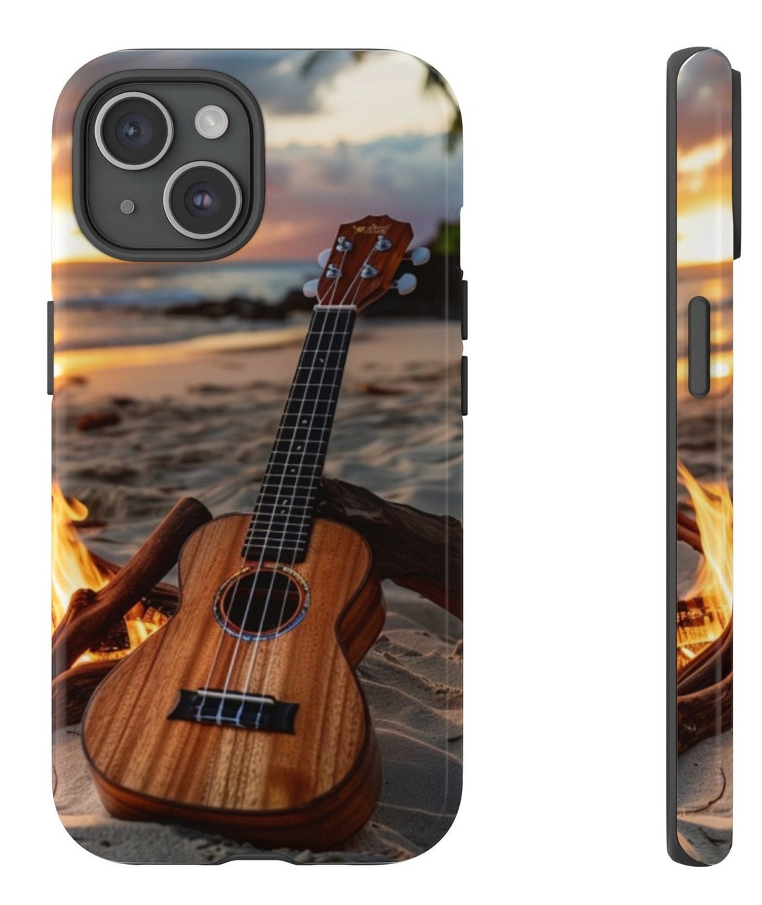 Sunset Serenade: Shiny Koa Wood Ukulele by the Beachside Fire. the ...