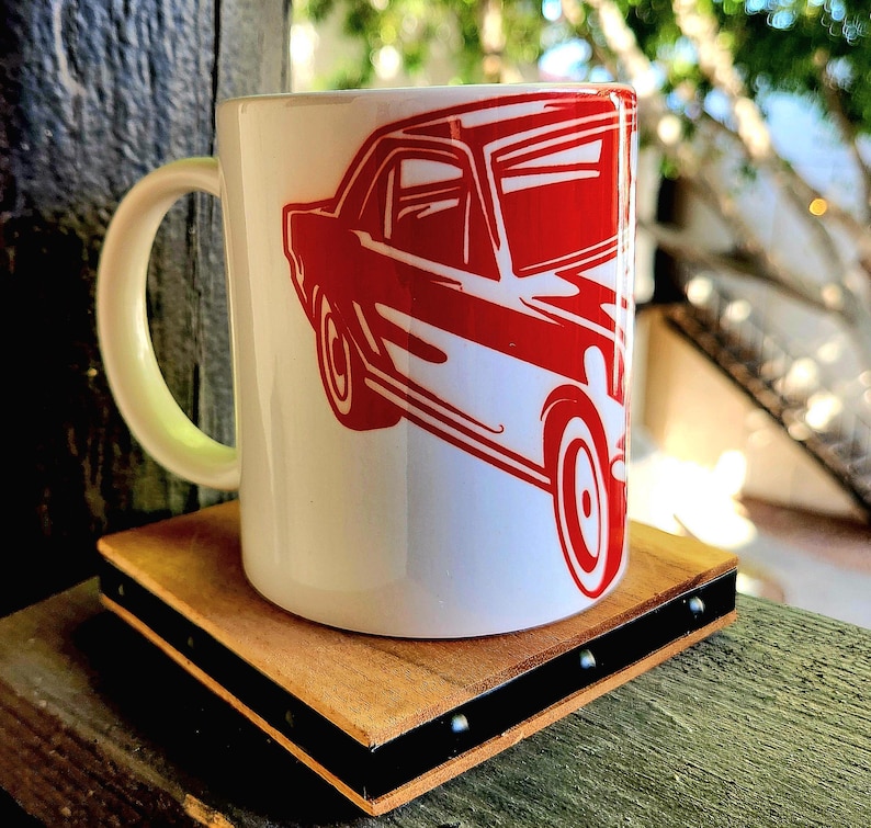 Handmade Coffee Mug Design Features Red Ford Mustang Classic Muscle Car ...