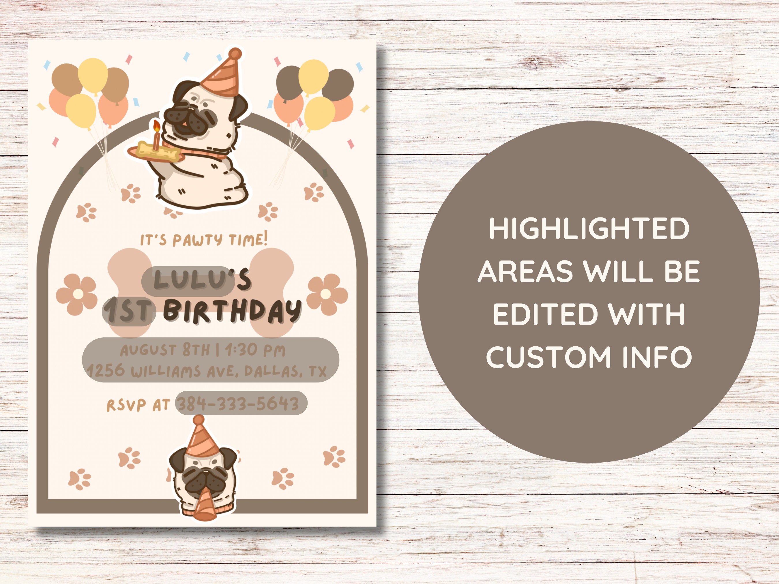 Custom Dog Birthday Invitation | Cute Pug Invitation | Pug Birthday ...