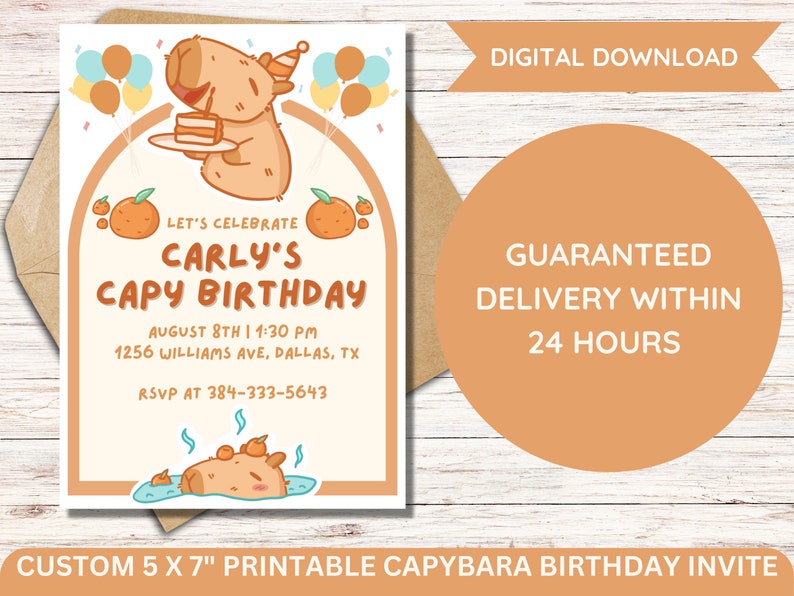 Custom Capybara Birthday Invitation: Hand-drawn Design (digital ...