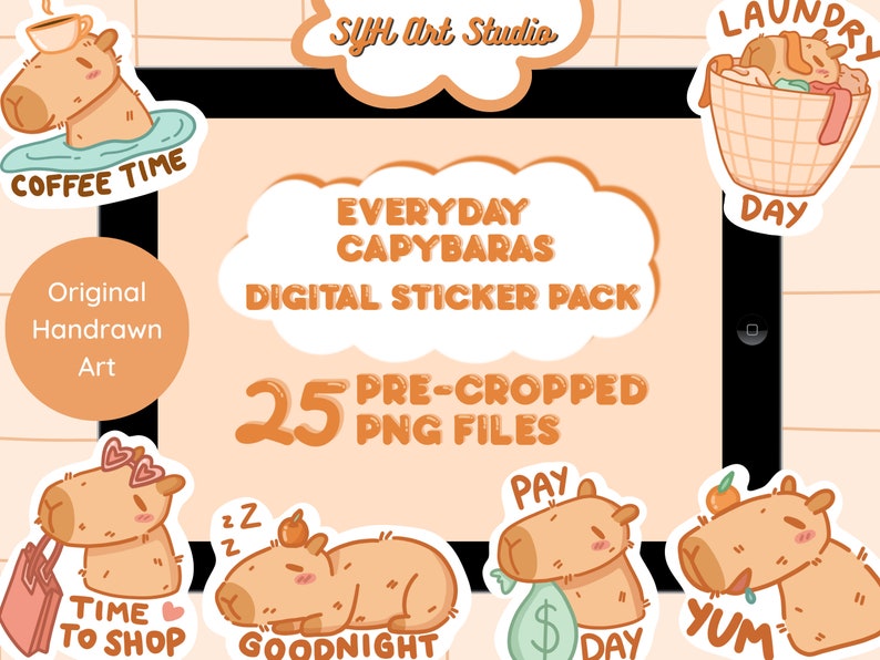 Capybara Digital Stickers Cute Digital Planner Stickers PNG Pre-cropped ...