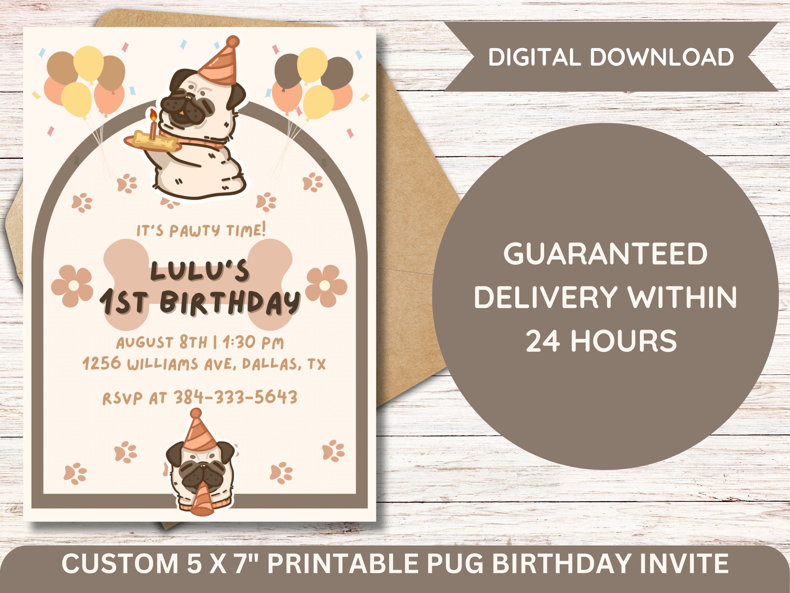 Custom Dog Birthday Invitation | Cute Pug Invitation | Pug Birthday ...