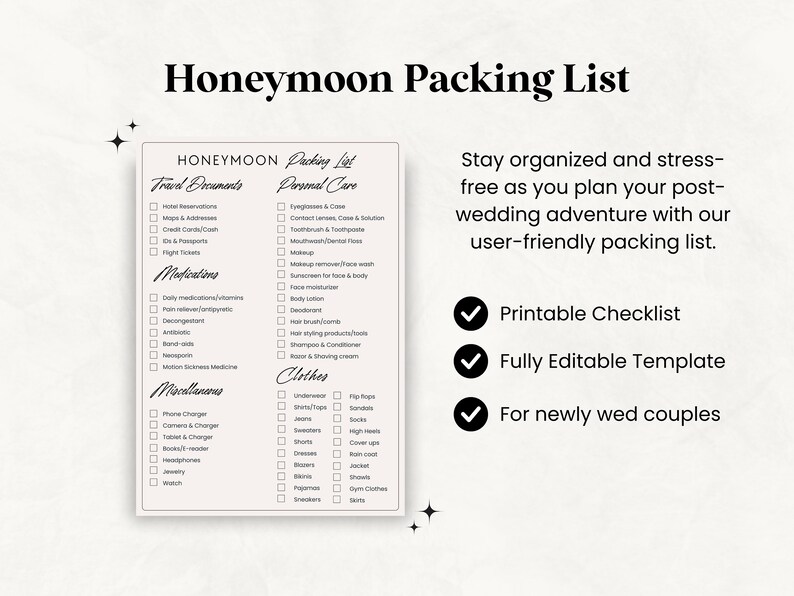 Honeymoon Packing List Printable Honeymoon Checklist Printable Newly