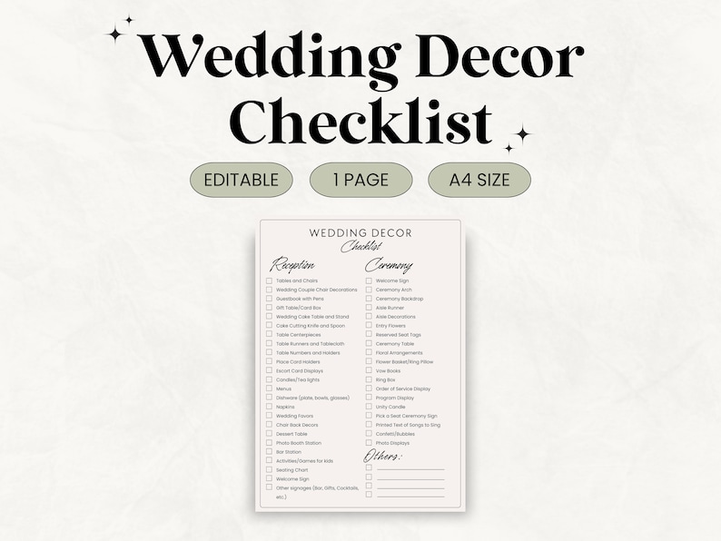Printable Wedding Decor Checklist, Editable Wedding Checklists for ...