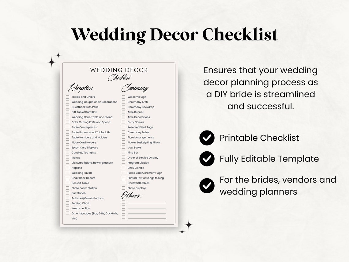 Printable Wedding Decor Checklist, Editable Wedding Checklists for ...