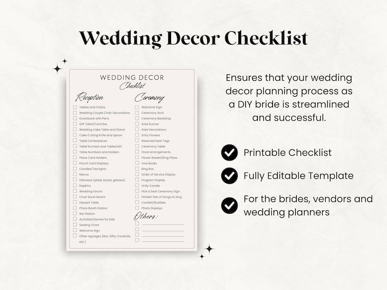 Printable Wedding Decor Checklist, Editable Wedding Checklists for ...