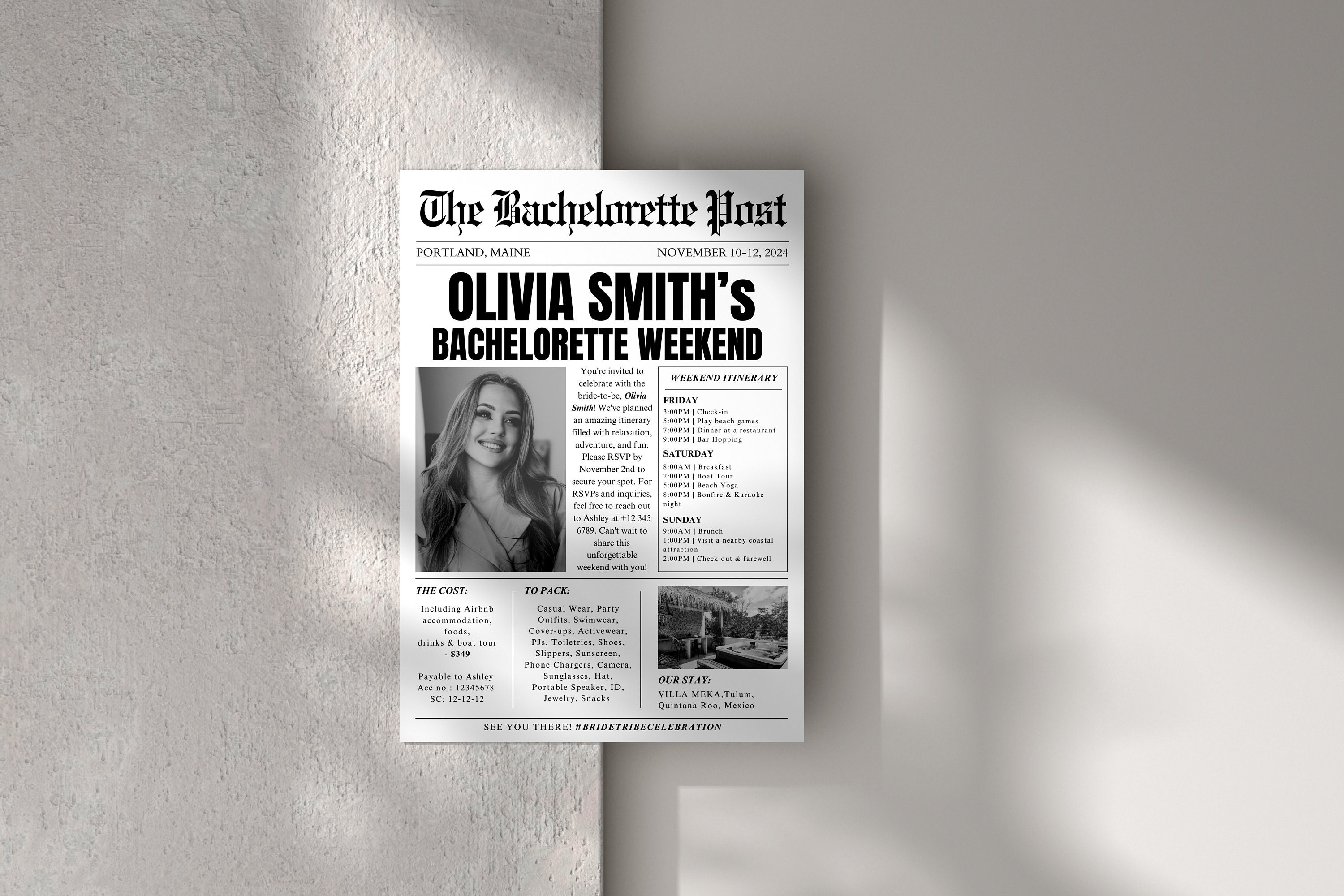 Wedding Newspaper Bachelorette Itinerary Template, Bachelorette Weekend ...