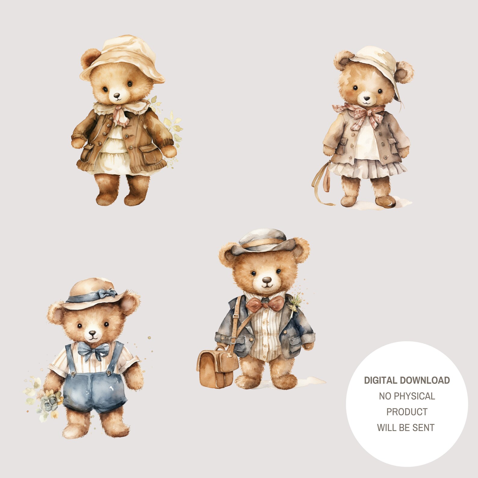 Watercolor Teddy Bear Clipart, Baby Shower Teddy Bear Clipart, Boho Vintage Teddy Bear PNG, Cute ...