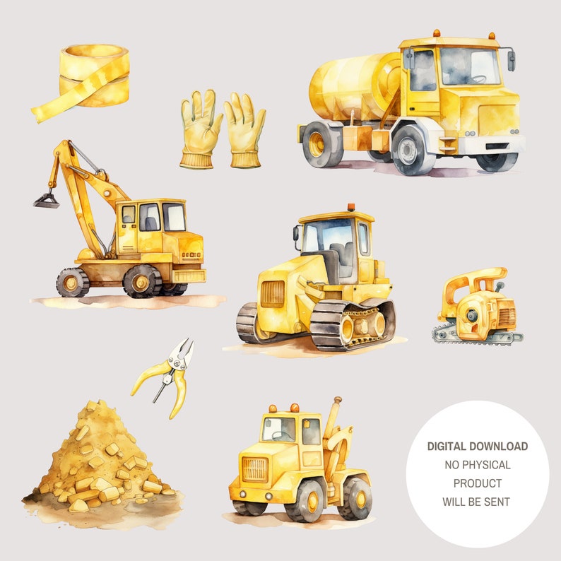 Watercolor Construction Clipart, Construction Site Vehicles Digger ...