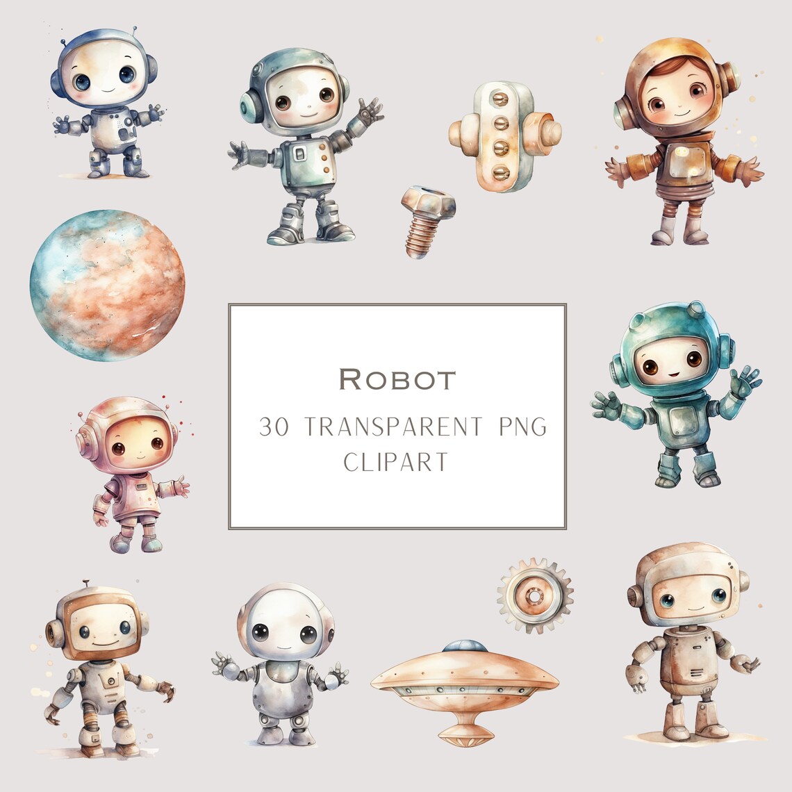 Watercolor Robot Clipart, Cute PNG Graphics (digital Download) - Etsy