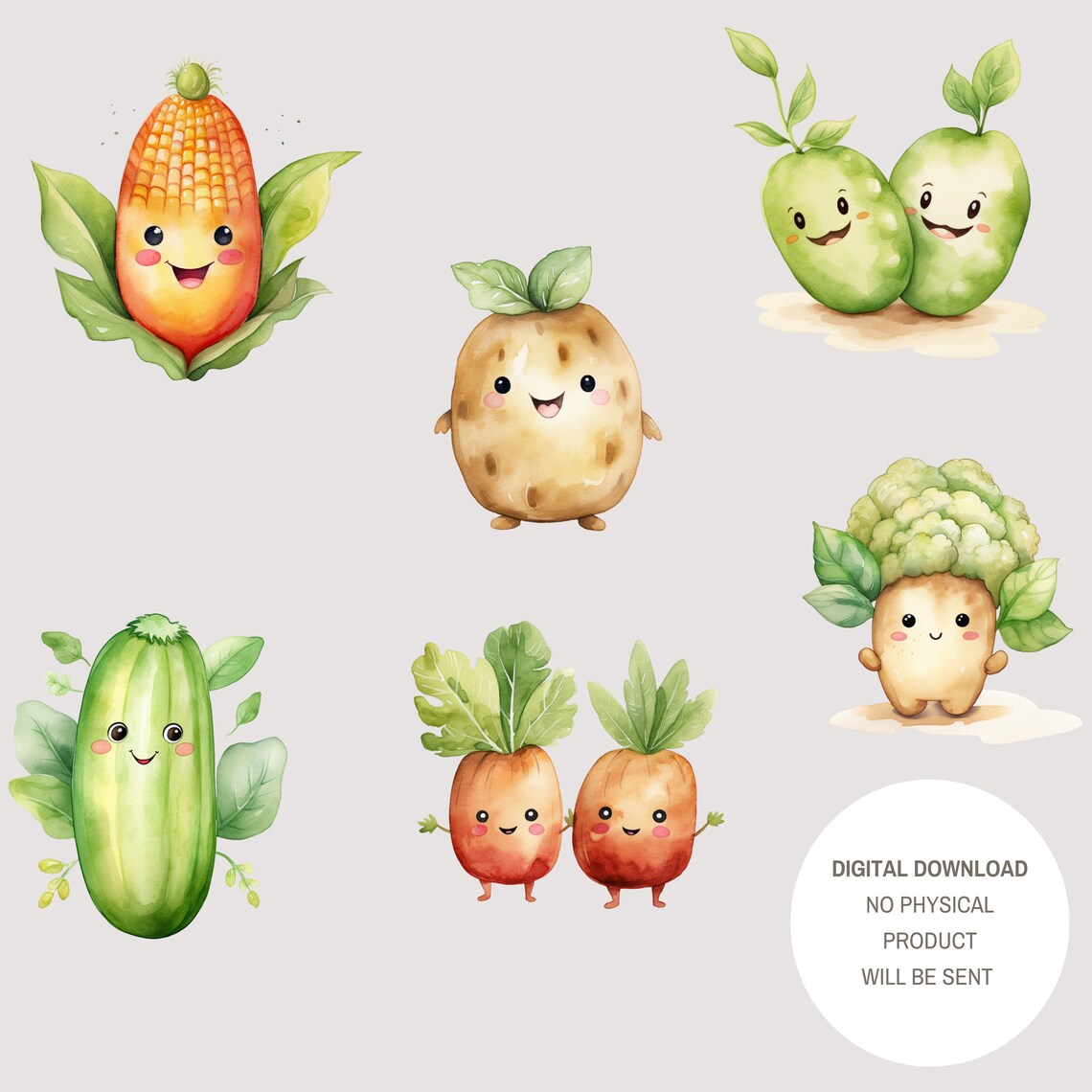 Watercolor Kawaii Vegetables Clipart, Kawaii Food Clipart Set, Cute ...