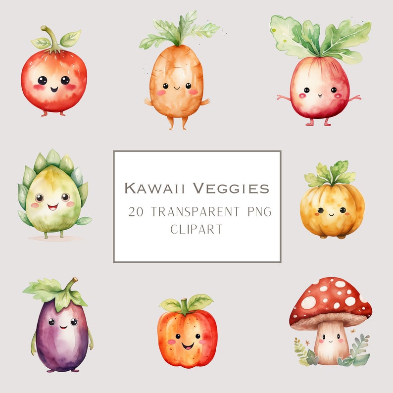 Watercolor Kawaii Vegetables Clipart, Kawaii Food Clipart Set, Cute ...