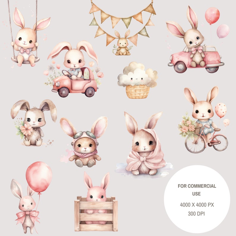 Watercolor Bunny Clipart for Girl, Watercolor Cute Pink Baby Shower ...