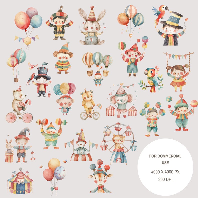Circus Watercolor Clipart, Circus Party Tent, Cute Animals Candy Color ...