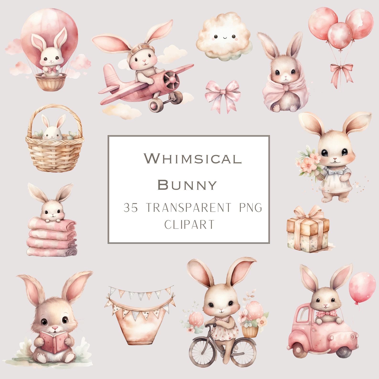 Watercolor Bunny Clipart for Girl, Watercolor Cute Pink Baby Shower ...