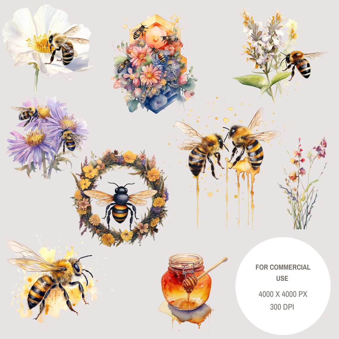 Watercolour Honey Bee Clipart, Bee Clipart, Honey Spring Garden Flowers ...