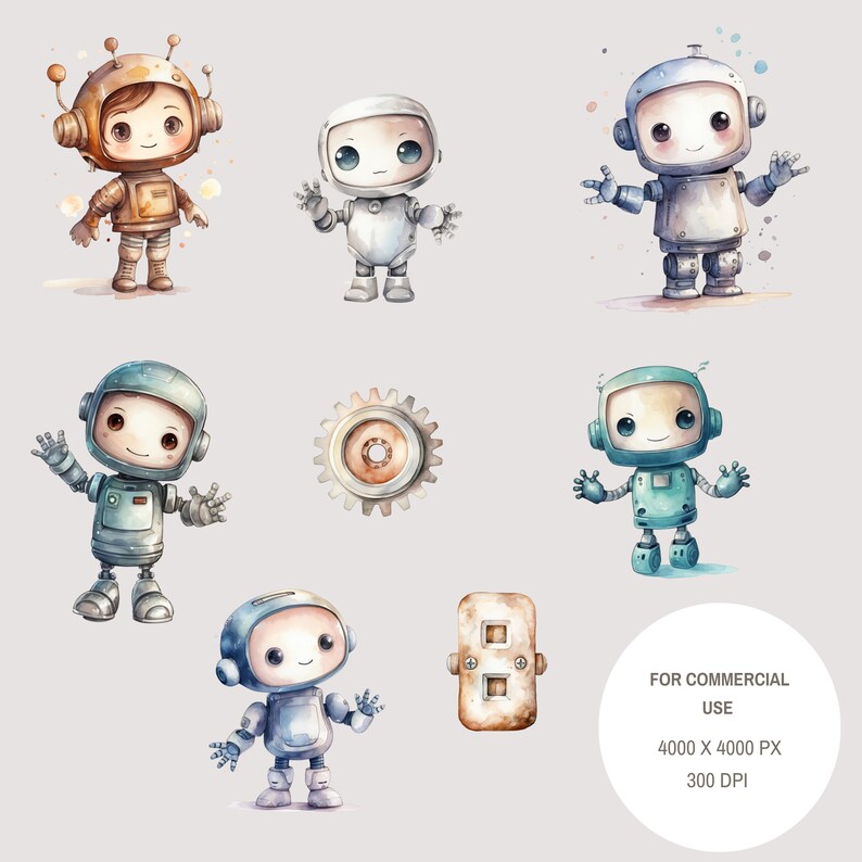 Watercolor Robot Clipart, Vintage Robots Watercolor, Cute Robot PNG ...