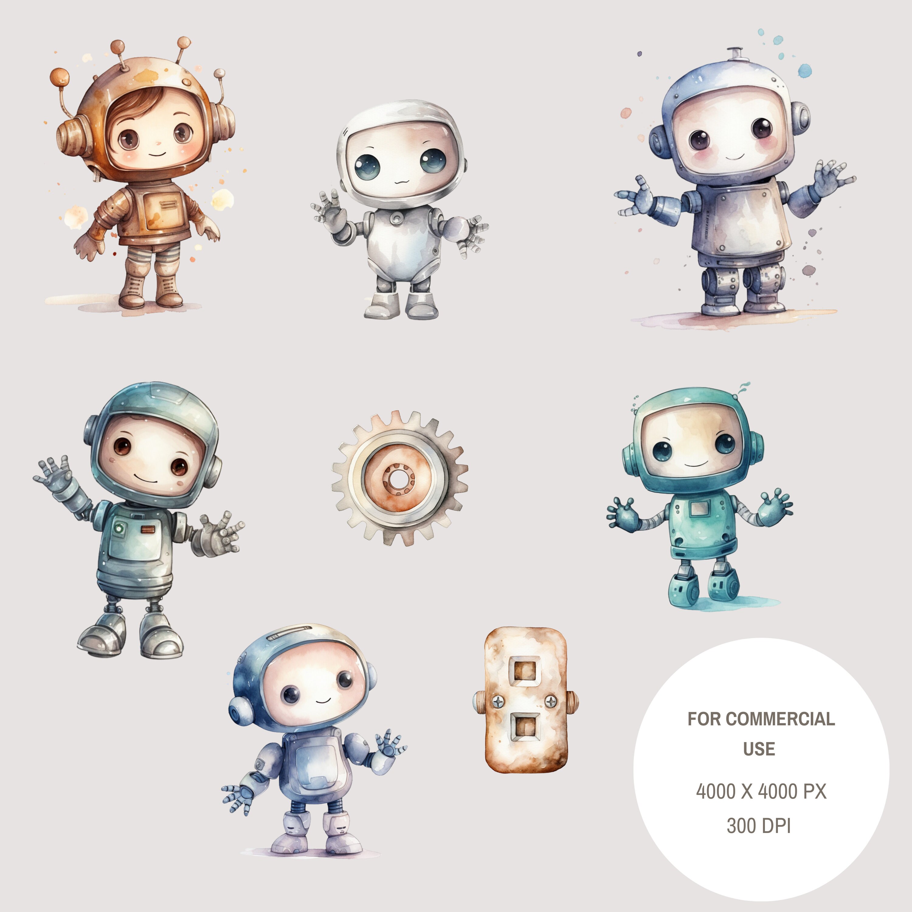 Watercolor Robot Clipart, Vintage Robots Watercolor, Cute Robot PNG ...