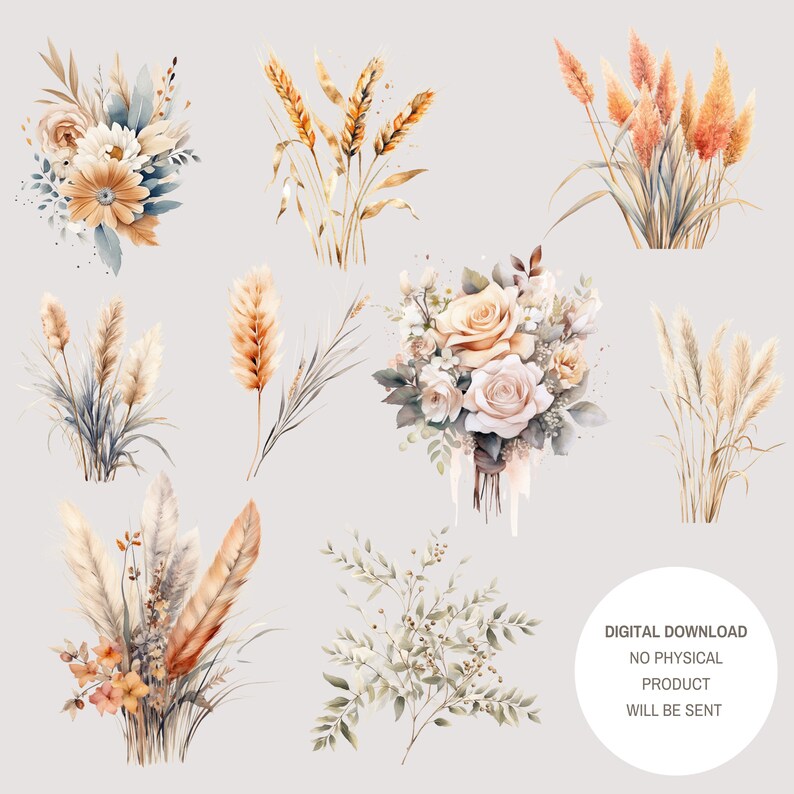 Wild Flowers Watercolor Clipart, Boho Minimalist Wedding Invitation PNG ...