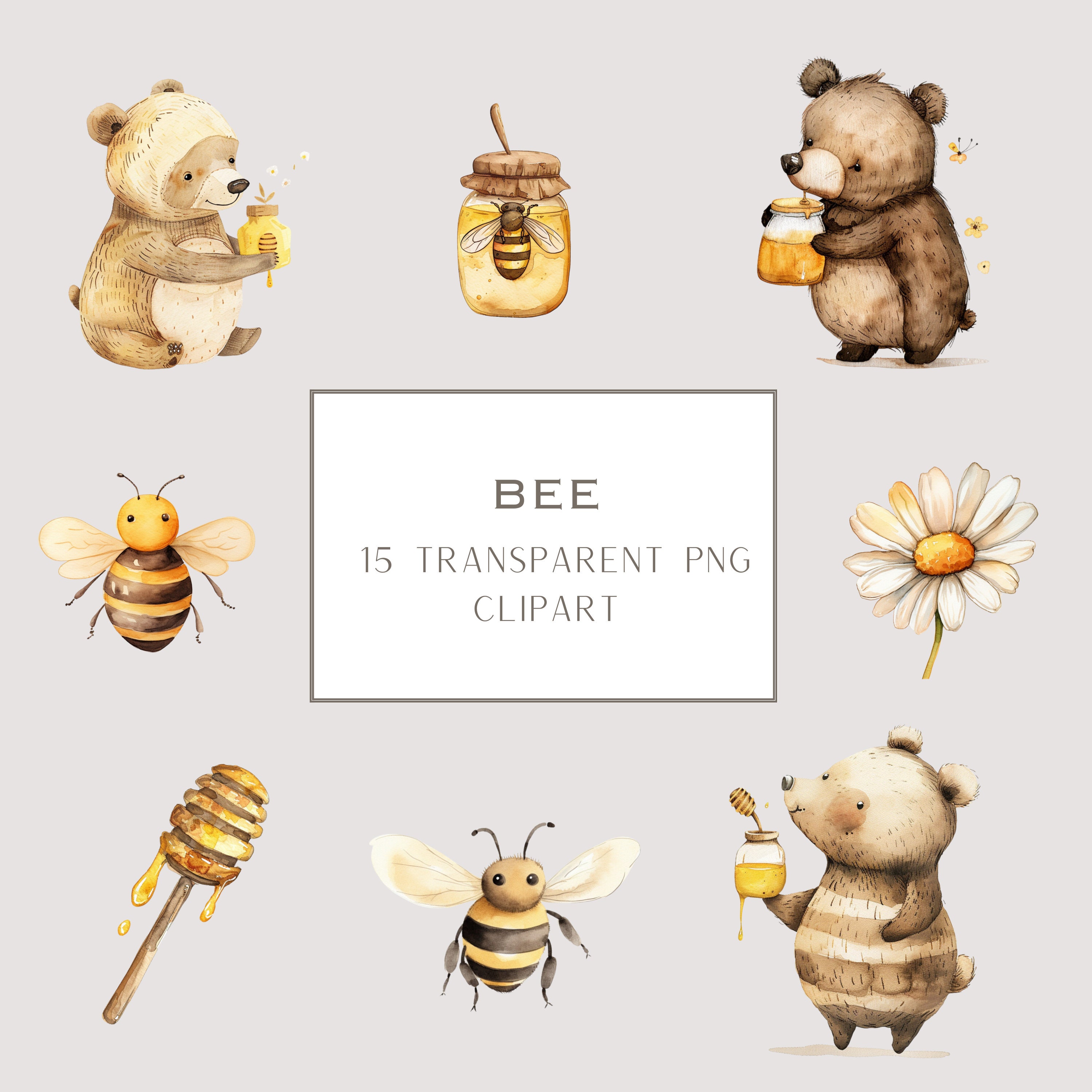 Watercolor Bee Clipart Bundle, Bear and Bees Watercolor Clipart, Bear ...