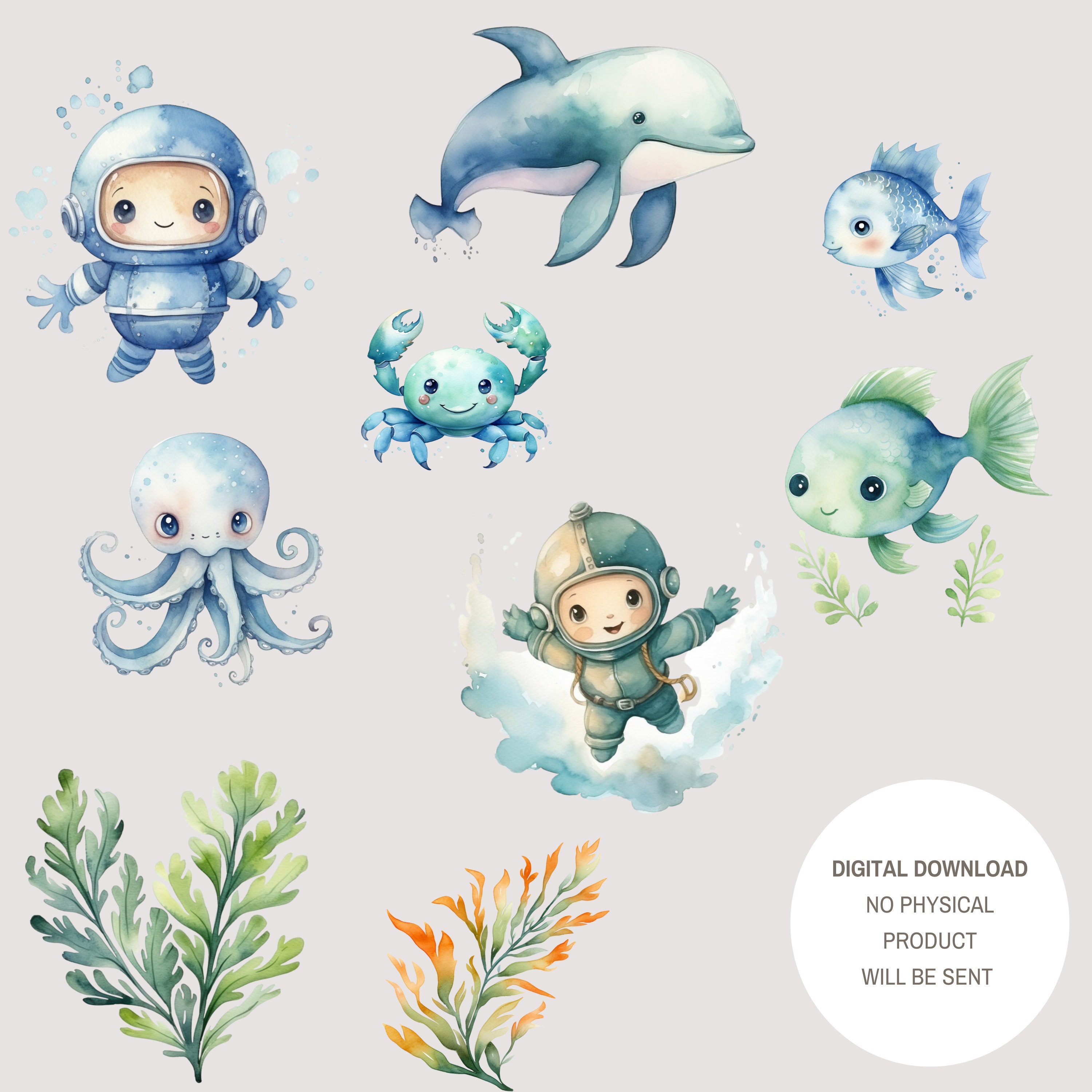 Watercolor Undersea Clipart, Cute Ocean Animals, Nursery Decor, Ocean ...