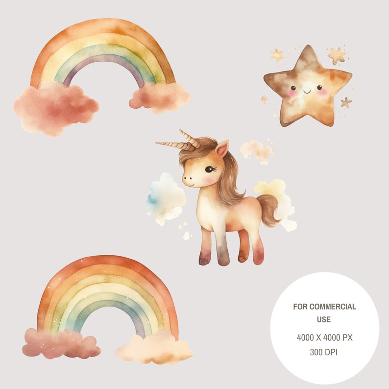 Unicorn Clipart, Watercolor Boho Unicorn Clipart, Baby Unicorn PNG ...