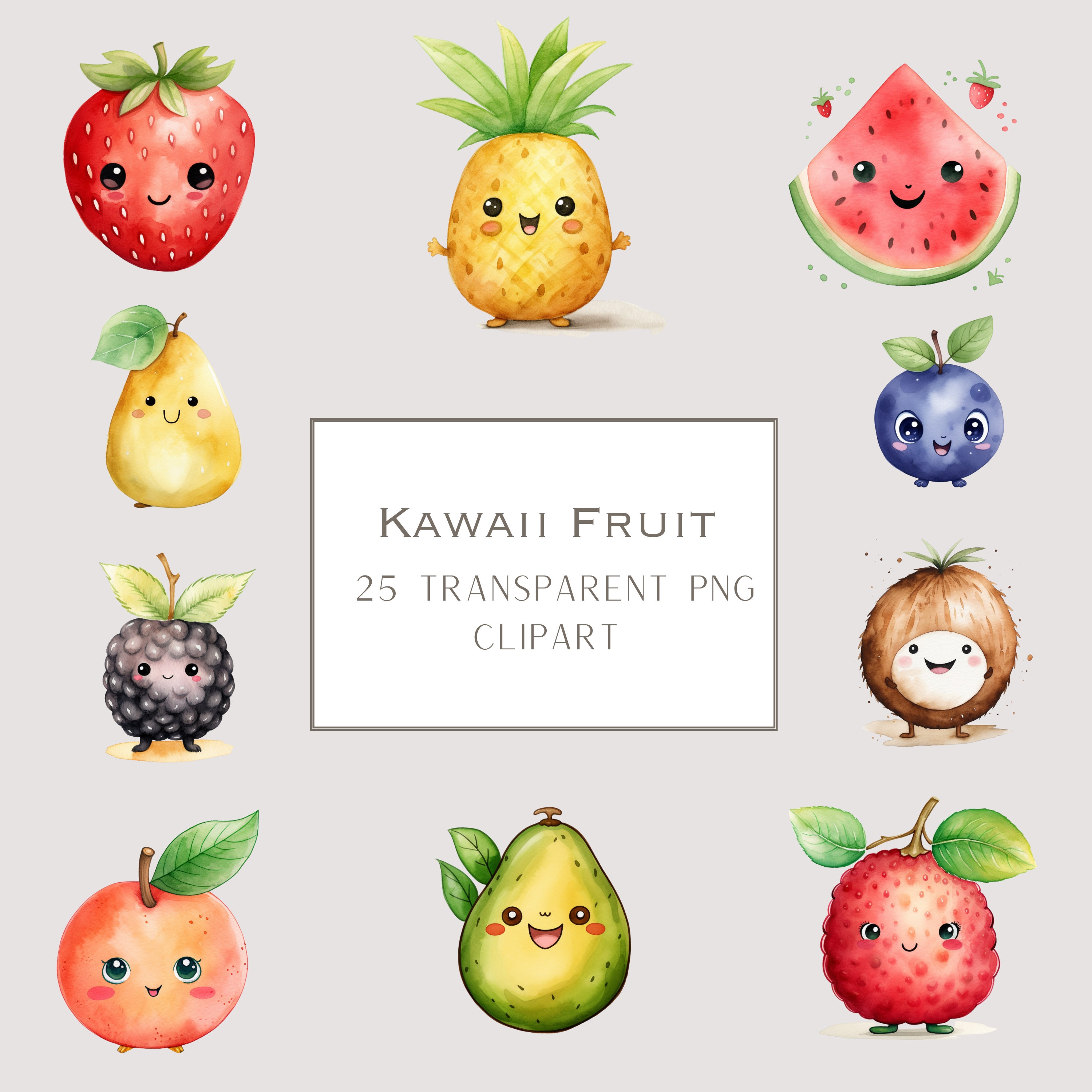 Watercolor Kawaii Fruit Clipart, Kawaii Summer Fruits Clipart, Clipart ...