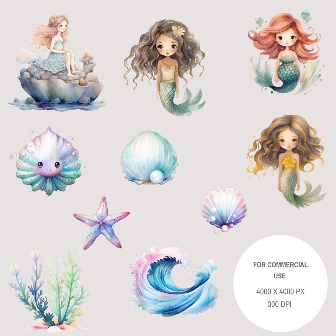Watercolor Mermaid Clipart, Cute Mermaid Clipart Bundle, Little Mermaid ...