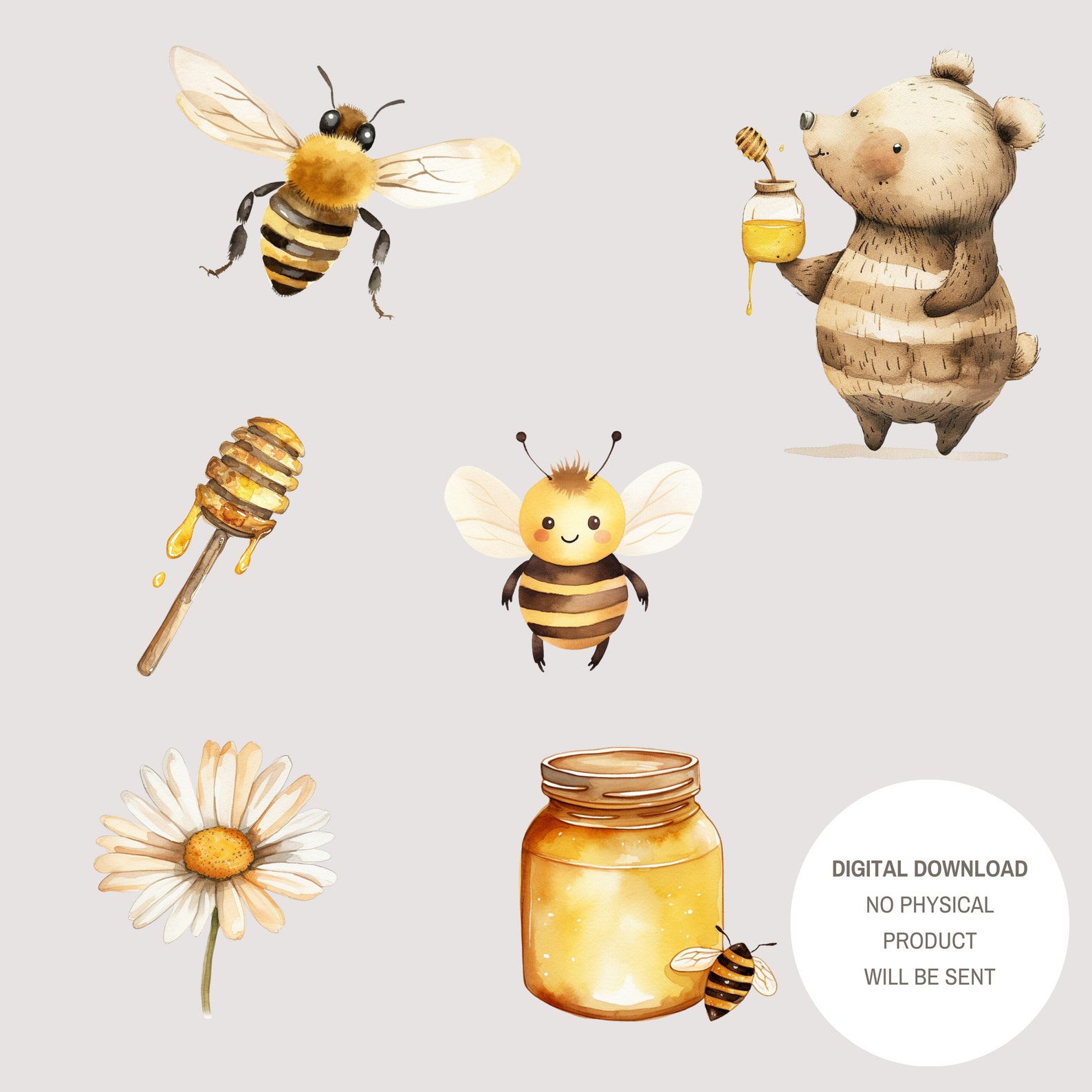 Watercolor Bee Clipart Bundle, Bear and Bees Watercolor Clipart, Bear ...