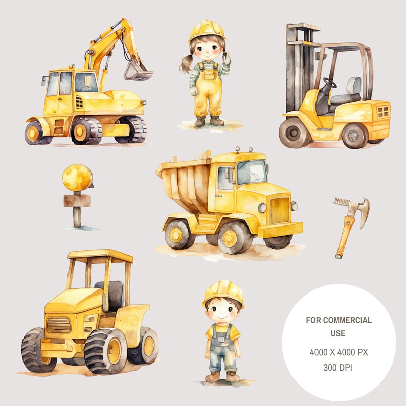 Watercolor Construction Clipart, Construction Site Vehicles Digger ...