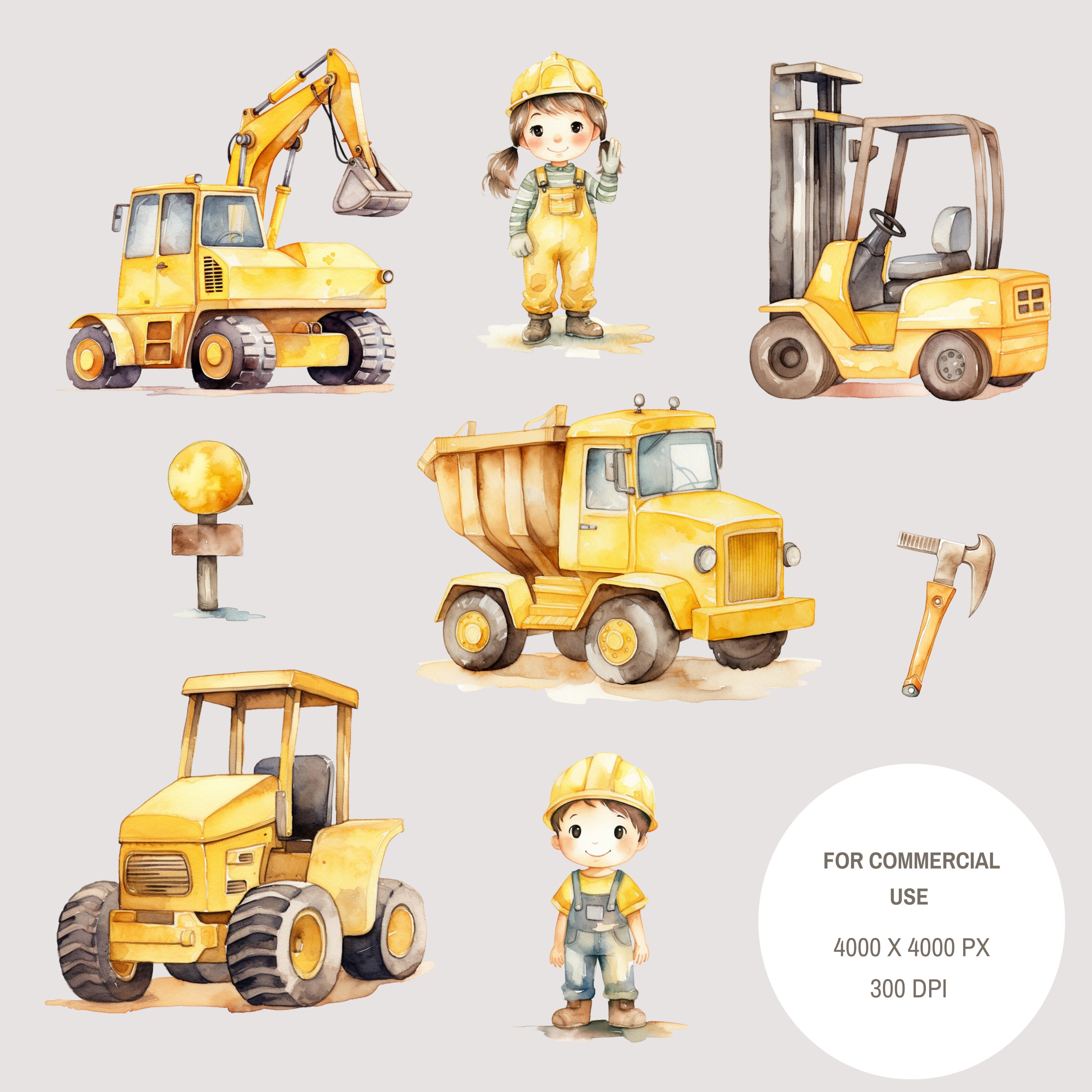 Watercolor Construction Clipart, Construction Site Vehicles Digger ...