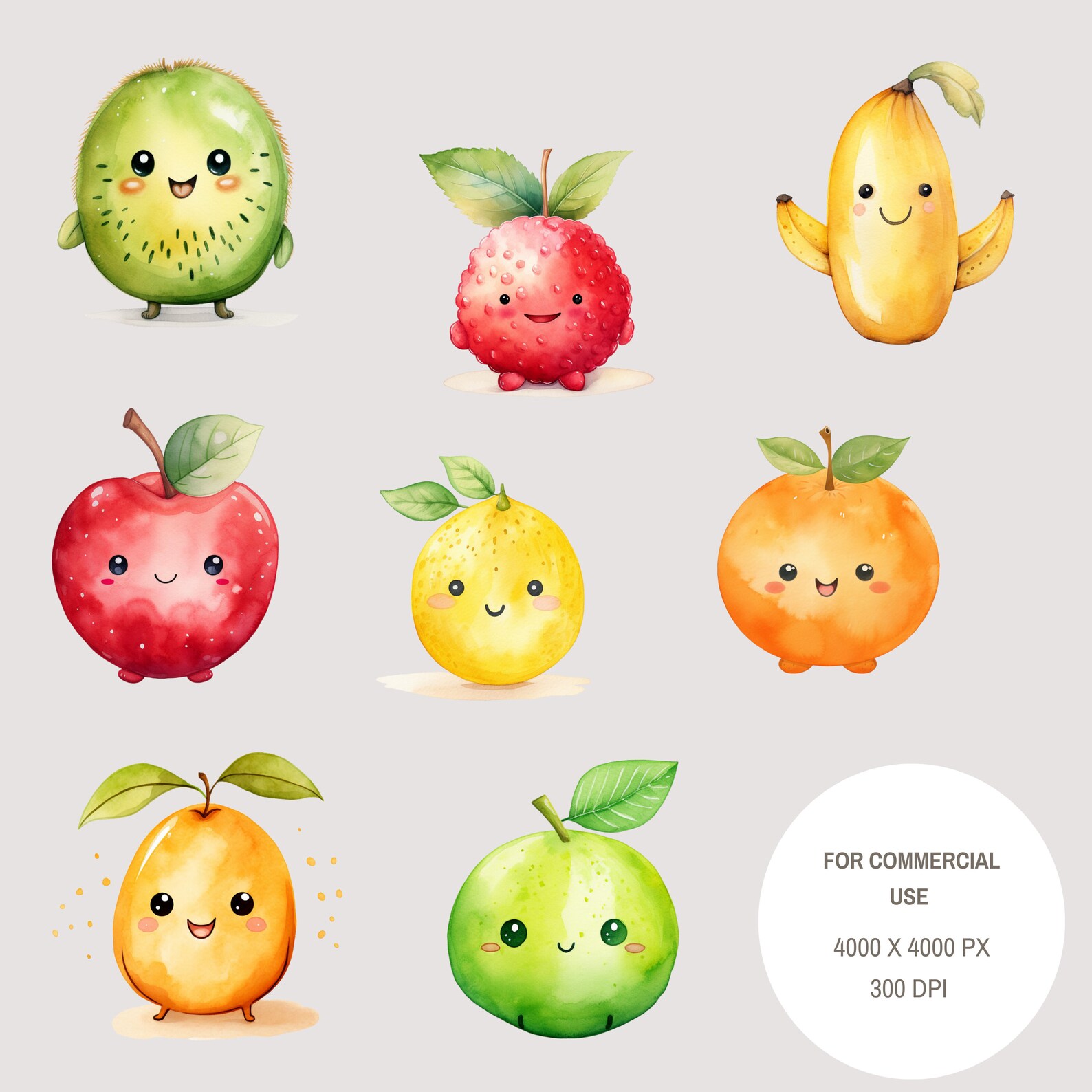 Watercolor Kawaii Fruit Clipart, Kawaii Summer Fruits Clipart, Clipart ...