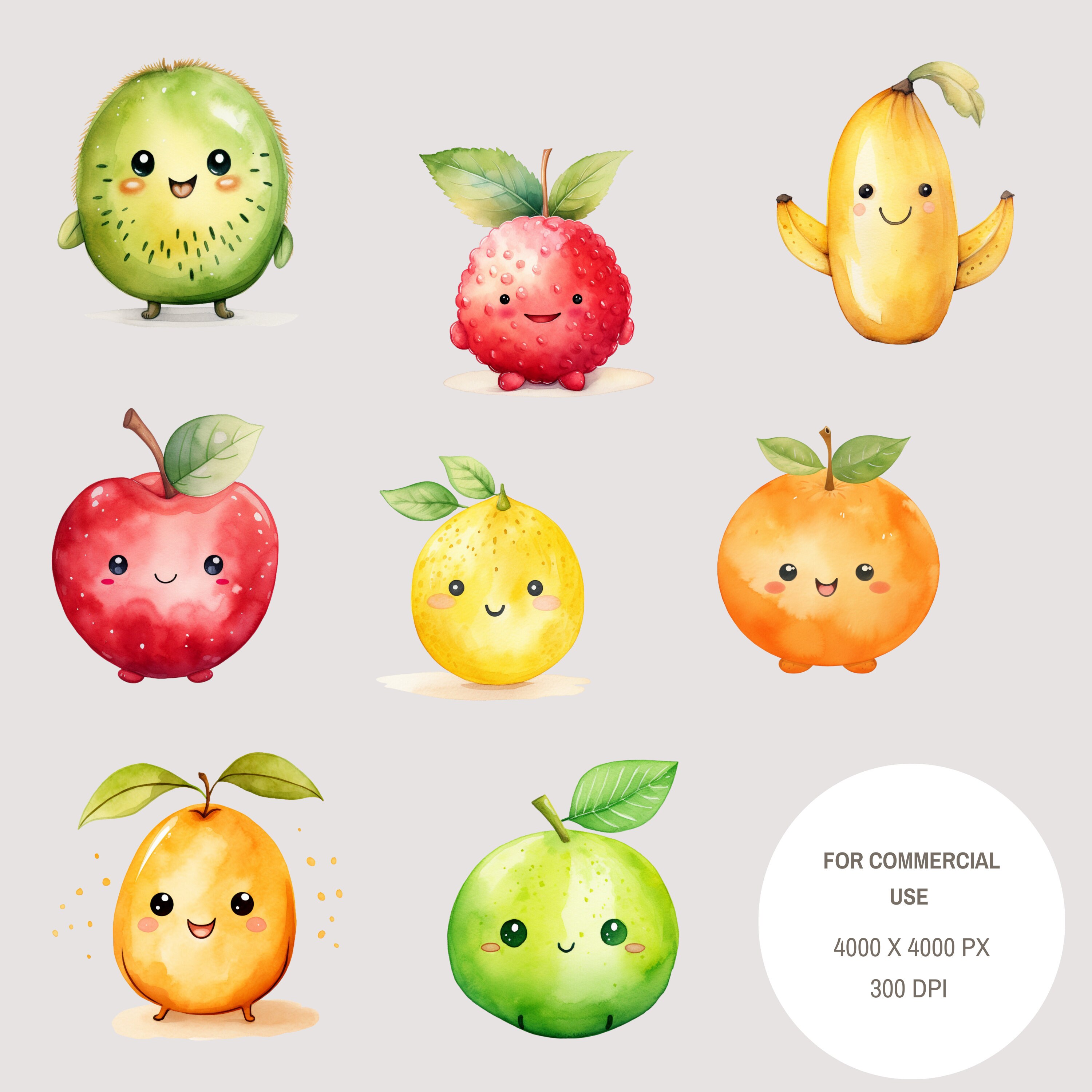 Watercolor Kawaii Fruit Clipart, Kawaii Summer Fruits Clipart, Clipart ...