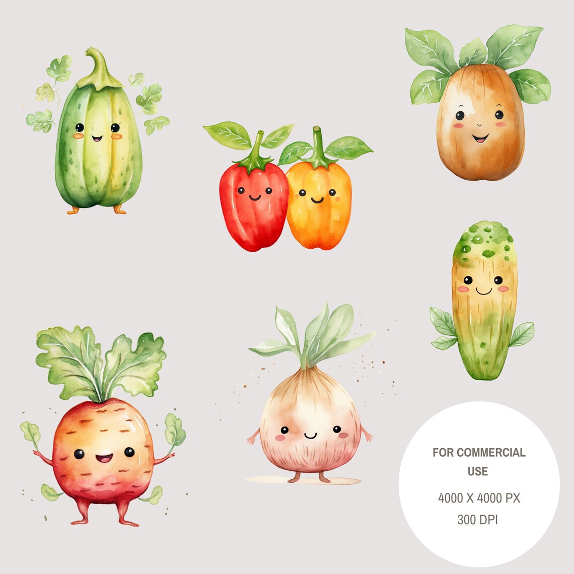 Watercolor Kawaii Vegetables Clipart, Kawaii Food Clipart Set, Cute ...