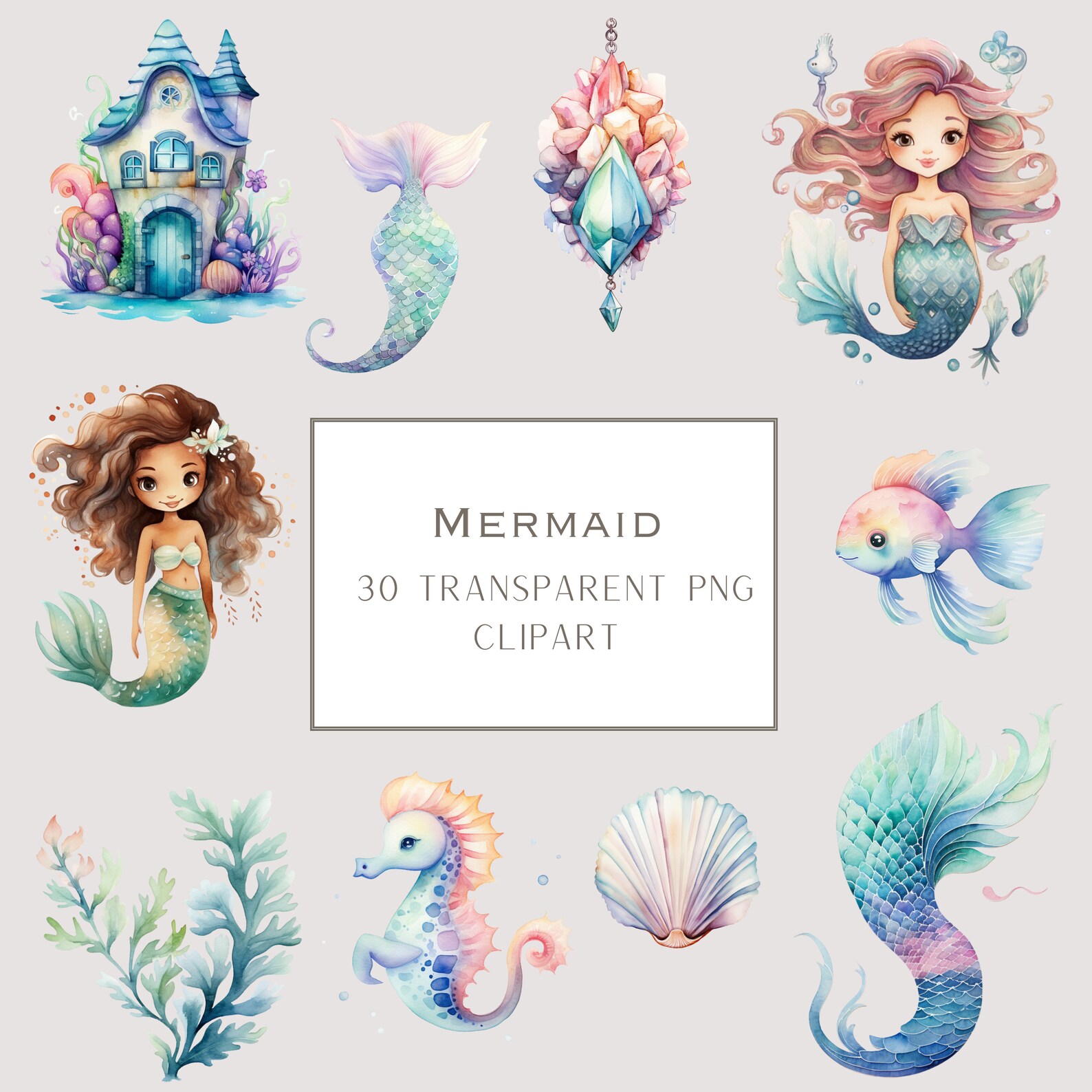 Watercolor Mermaid Clipart, Cute Mermaid Clipart Bundle, Little Mermaid ...