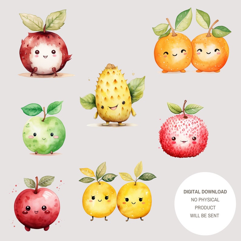 Watercolor Kawaii Fruit Clipart, Kawaii Summer Fruits Clipart, Clipart ...