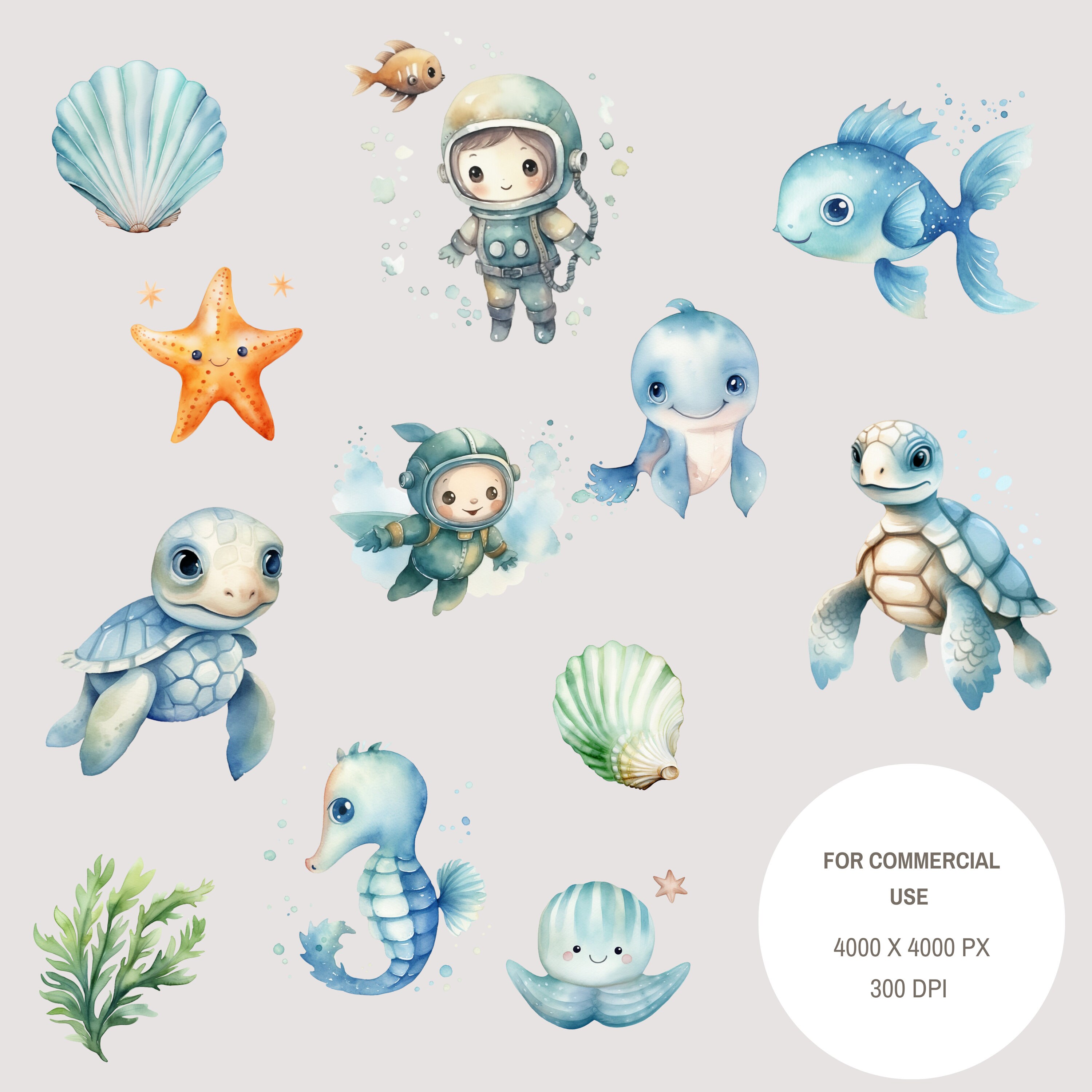 Watercolor Undersea Clipart, Cute Ocean Animals, Nursery Decor, Ocean ...