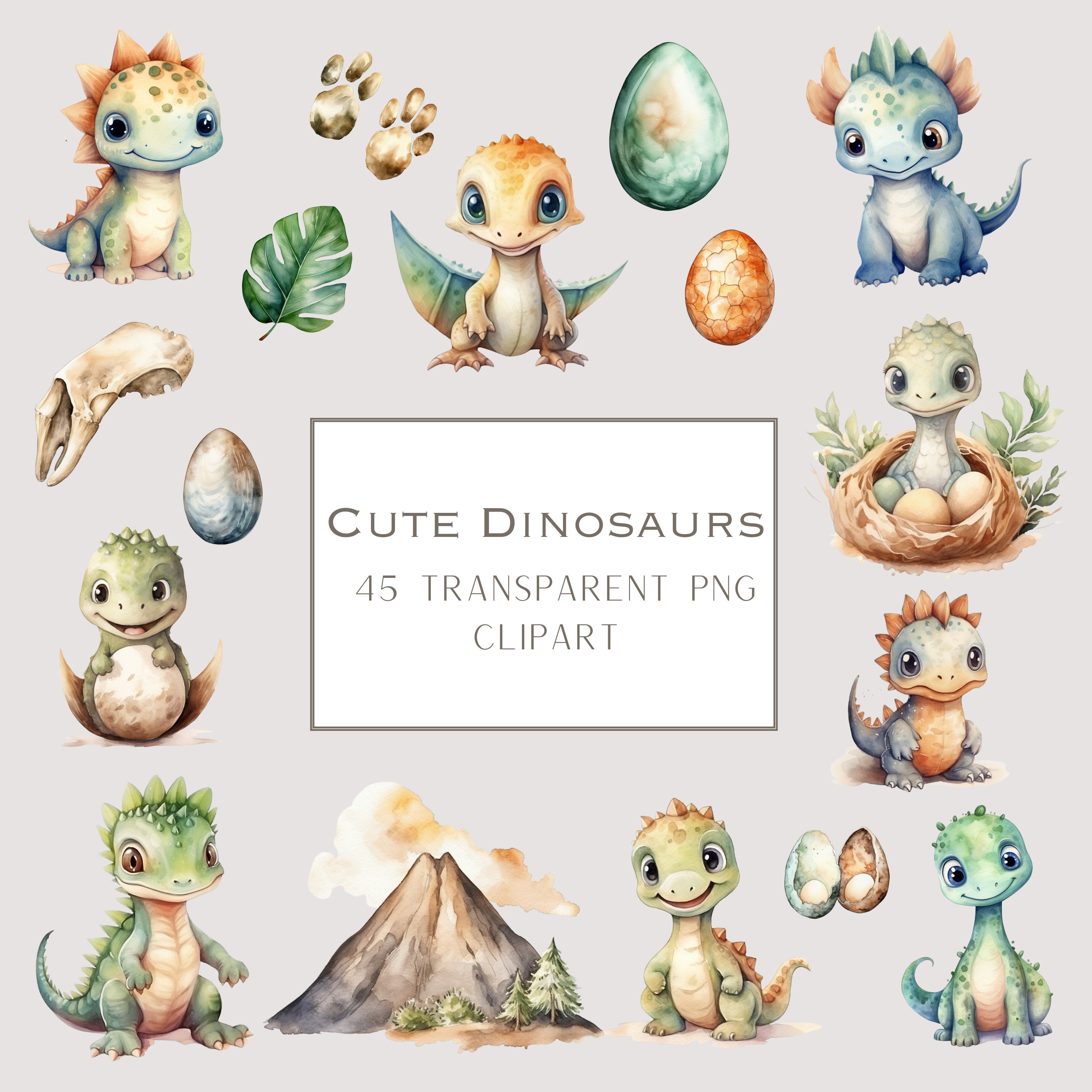 Watercolor Dinosaur Clipart, Cute Dino Clipart, Dinosaur Nursery Decor ...
