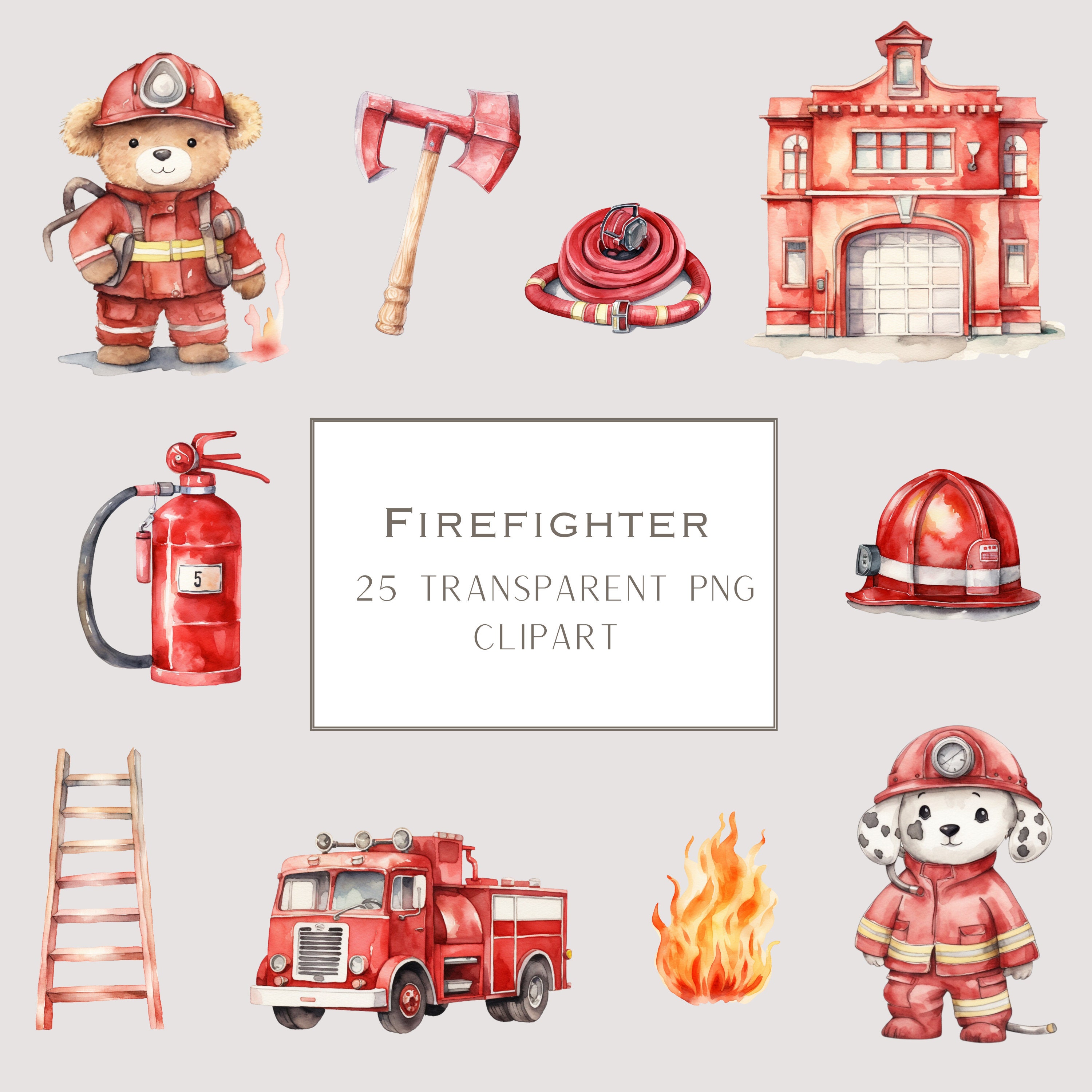 Firefighters Watercolor Clipart, Fire Truck Illustration, Fireman ...