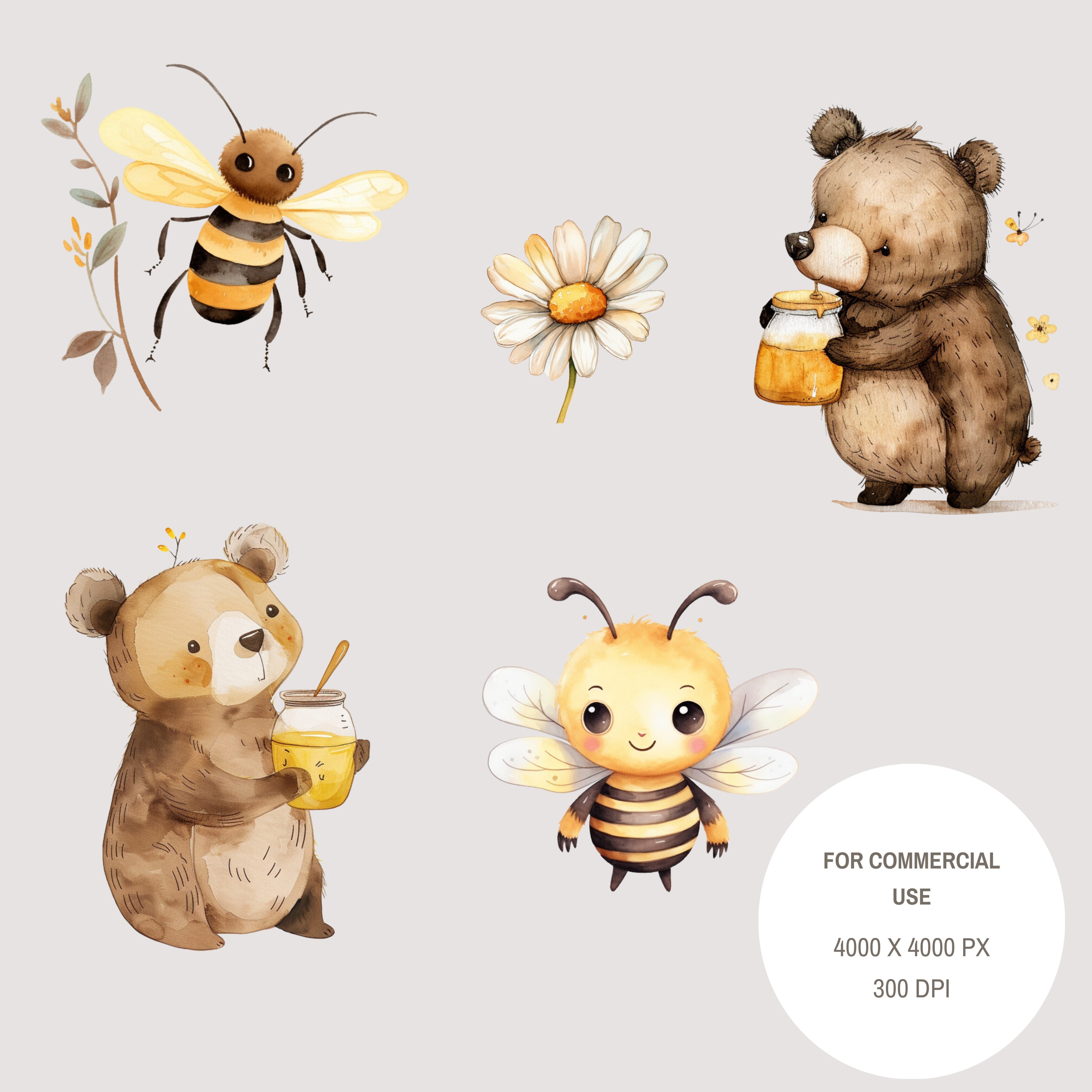 Watercolor Bee Clipart Bundle, Bear and Bees Watercolor Clipart, Bear ...