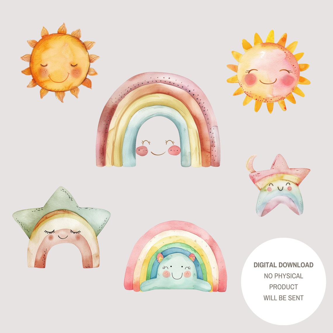Watercolor Sun Clipart, Rainbow Clipart, Cute Sun Png, Pastel Rainbow ...