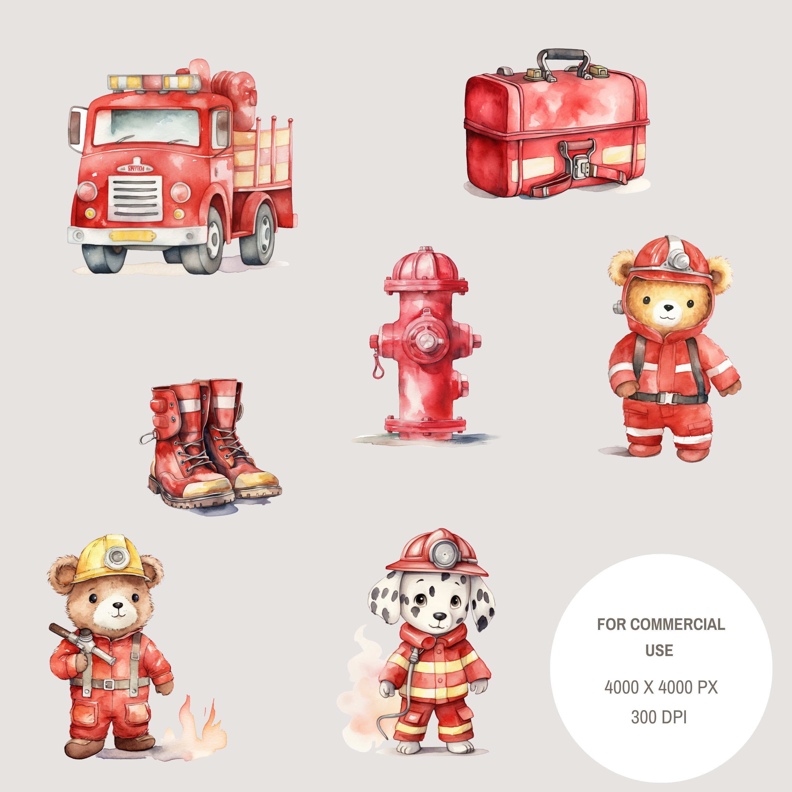 Watercolor Firefighter Clipart: Fire Truck, Dalmatian, Nursery Art ...