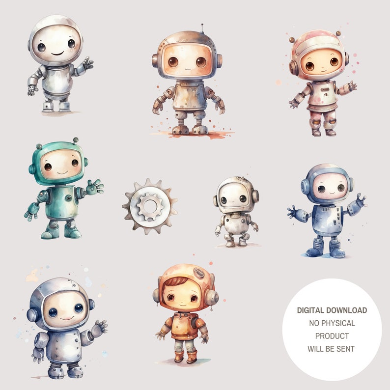 Watercolor Robot Clipart, Vintage Robots Watercolor, Cute Robot PNG ...