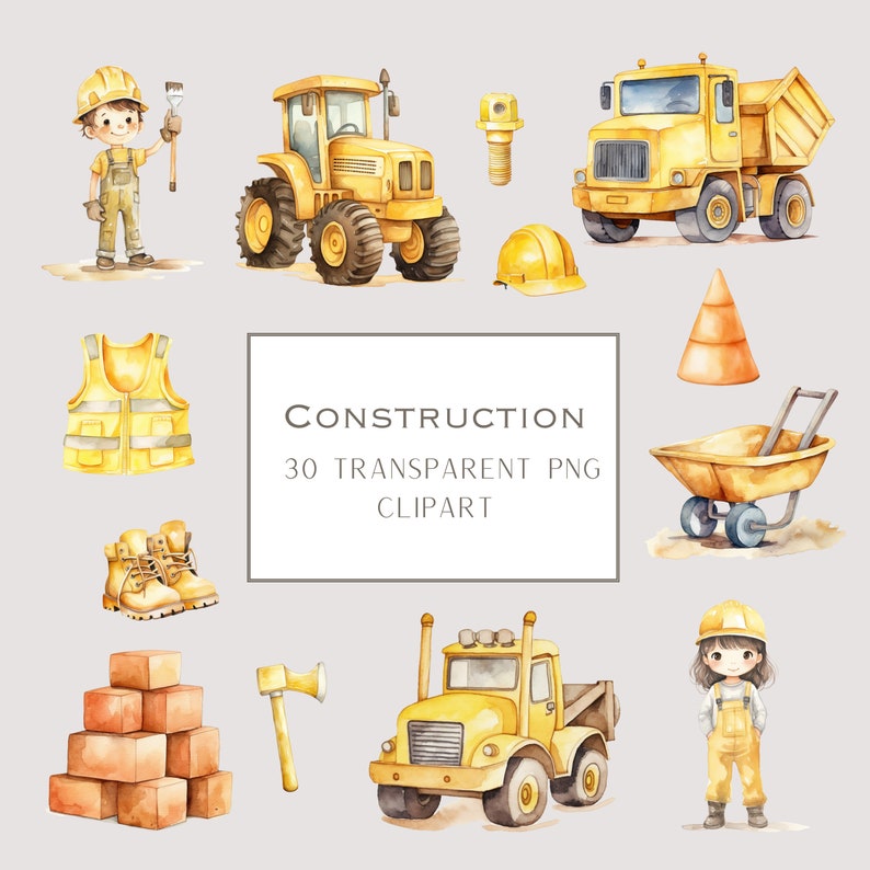 Watercolor Construction Clipart, Construction Site Vehicles Digger ...