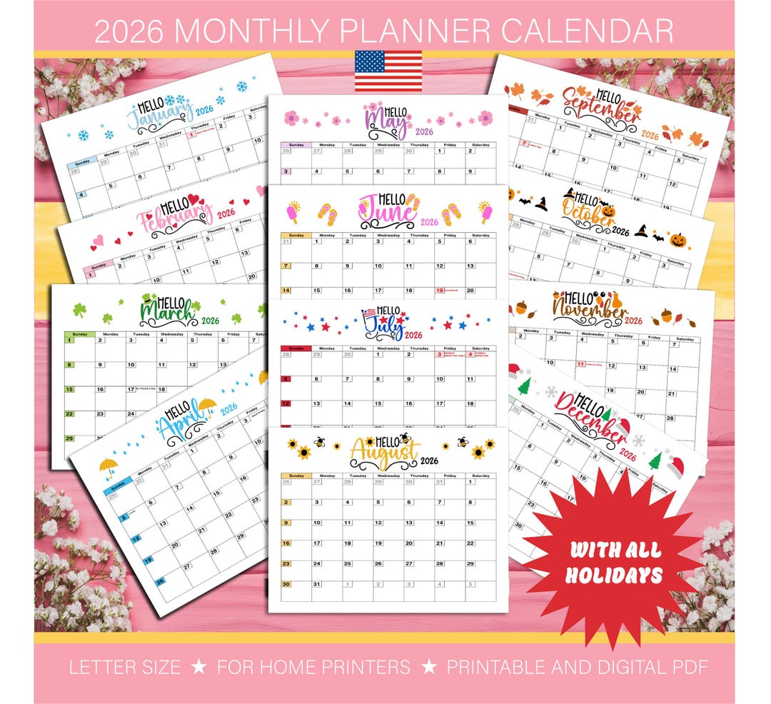2026 Monthly Planner, Printable With Holidays, Cute Calendar, Wall ...